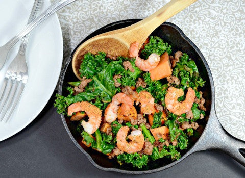 Kale, Sweet Potato, Chorizo & Shrimp Hash- Shrimp Recipes - Sizzlefish