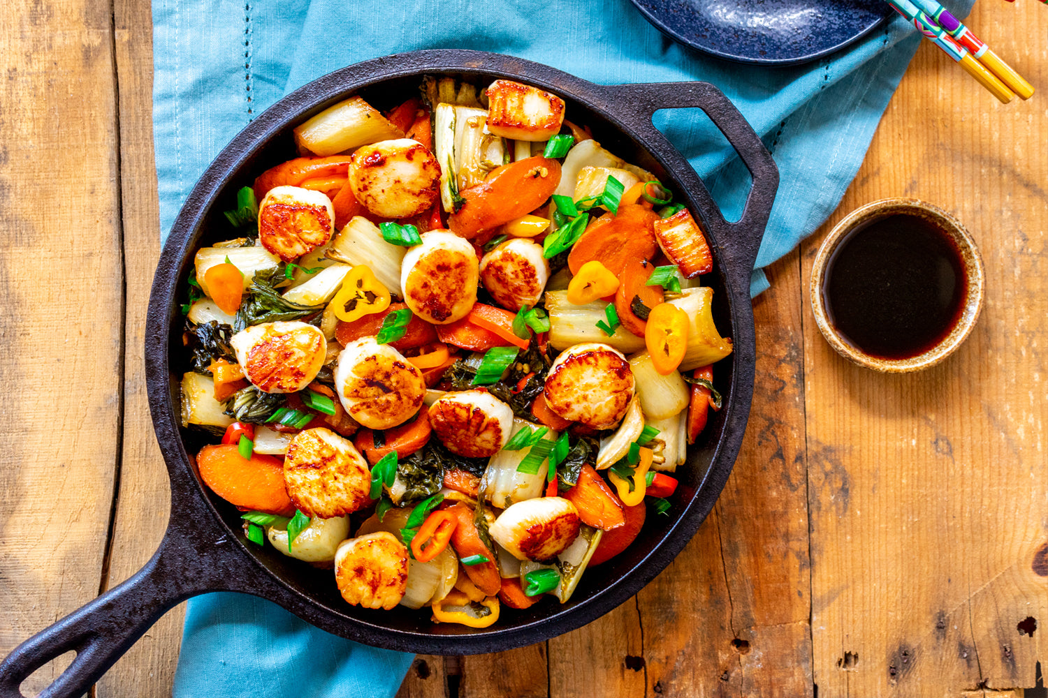 Seared Scallops with Asian Style Roasted Vegetables – Sizzlefish