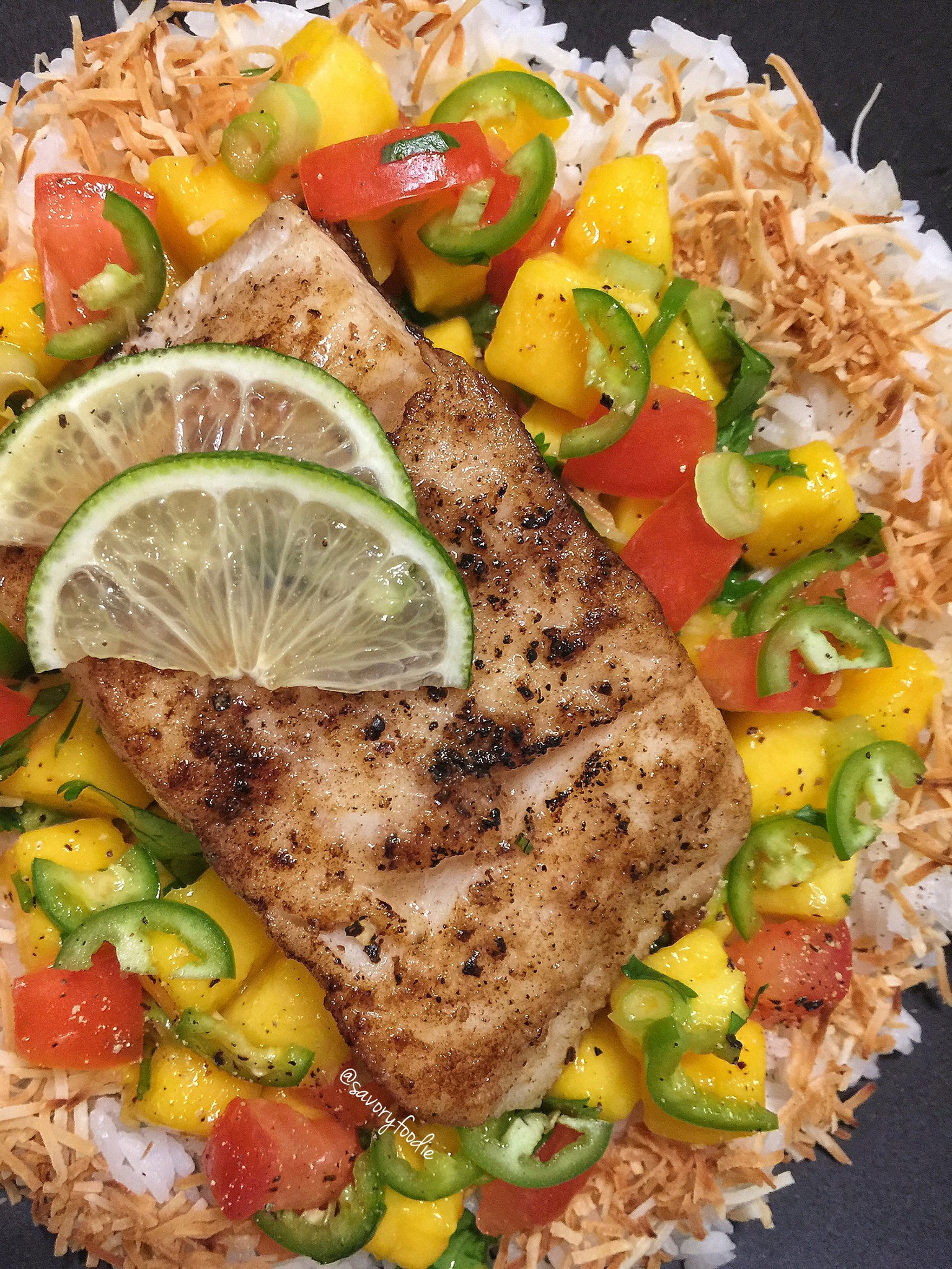 Pan Seared Sablefish with Mango Salsa and Toasted Coconut Rice – Sizzlefish